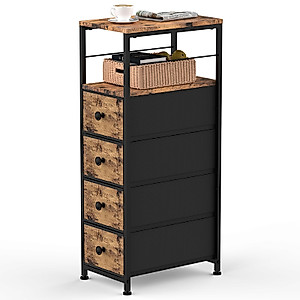 YBING Narrow Side Tables for Small Spaces, Slim Dresser with 4 Fabric Drawers, Small Chest of Drawers, Skinny Nightstand,Wood Brown
