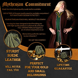 Mythrojan Medieval Jewelry Belt Pouch LARP Renaissance Waist Bag with Adjustable Strap, Suede Leather for Cosplay and Historical Reenactments - Dark Green