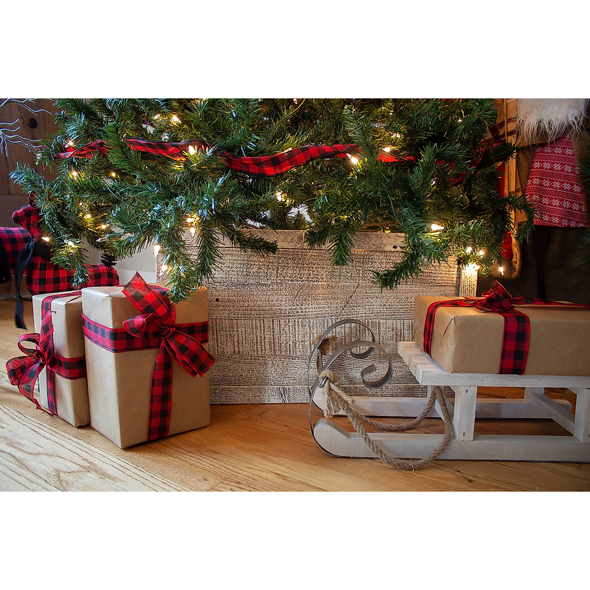 BarnwoodUSA Christmas Tree Collar or Box Made of Reclaimed Wood Rustic Skirt Replacement Blocks Kids & Pets, Adds Farmhouse Charm Natural, Hook-&-Loop Strip Panels, 30x22.5 in., Whitewash