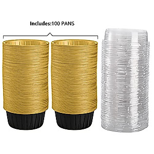 DEAYOU 100 Pieces Aluminum Foil Baking Cups with Lids, 5oz Disposable Ramekins Muffin Cups, 3" Cupcake Foil Liners Tart Pie Tin Pan Holder for Pudding, Souffle, Party, Wedding, Black Gold Color