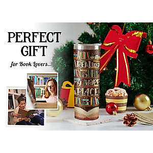 Onebttl Book Lovers Gifts For Women - 20oz/590ml Stainless Steel Insulated Tumbler with Straw, Lid - Reading Gifts for Book Worm, Librarians, Readers - Bookshelf Glitter