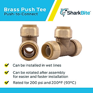 SharkBite 3/4 Inch Tee, Push to Connect Brass Plumbing Fitting, PEX Pipe, Copper, CPVC, PE-RT, HDPE, U370LFA