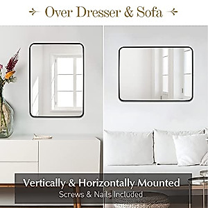 Modern 24"x36" Black Bathroom Mirrors for Wall, Framed Rectangle Mirror with Rounded Corner, Metal Black Mirror for Bathroom Vertical or Horizontal Hang, Black Wall Mirrors for Vanity, Restroom