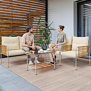 YITAHOME 4 Pieces Patio Furniture Set, Wicker Outdoor Conversation Set, All-Weather Rattan Bistro Set with Loveseat Set, Coffee Table and Cushions for Backyard, Balcony, Deck - Beige