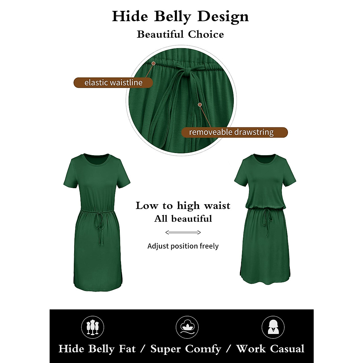 Womens Cute Short Sleeve Casual Pockets Modest Midi Dress Striped White Black XL