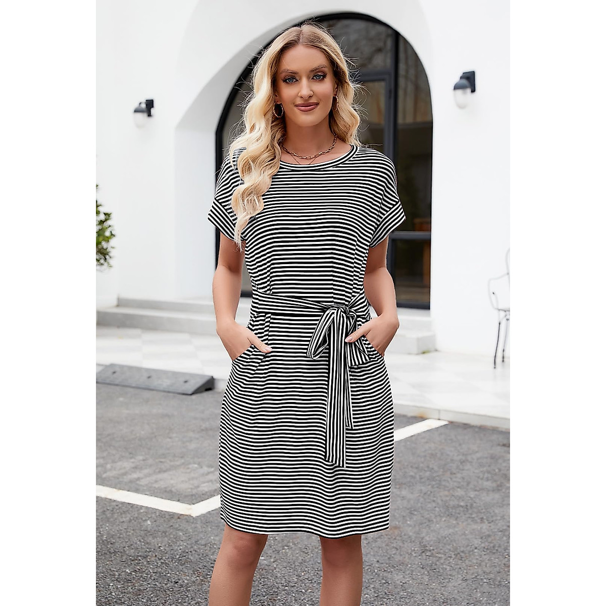 MEROKEETY Women's Summer Striped Short Sleeve T Shirt Dress Casual Tie Waist Midi Dress, Black, S