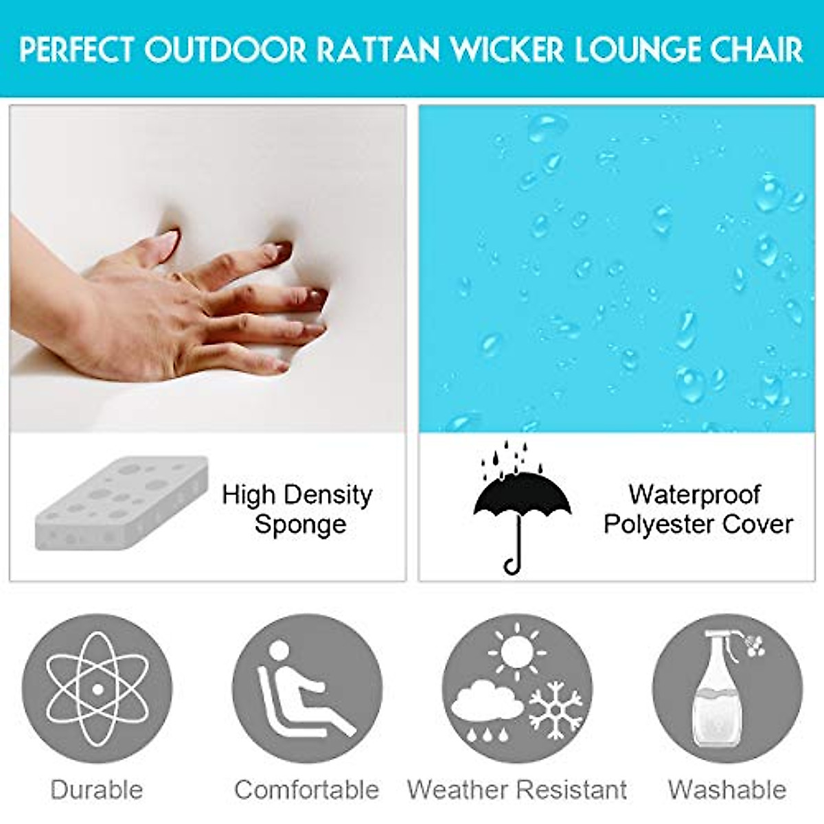 Tangkula Patio Wicker Lounge Chair, Outdoor Rattan Adjustable Reclining Backrest Lounger Chairs, Modern Outside Rattan Chaise with Seating and Back Cushion (2, Turquoise)