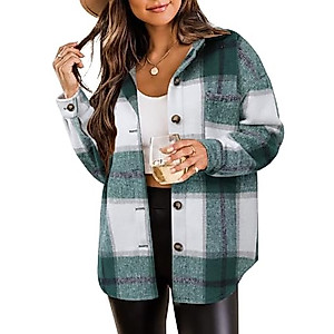 ZOLUCKY Womens Green Flannel Shirt Plaid Shacket Long Sleeve Button Down Shirts Casual Oversized Shackets, Green and White 3X-Large