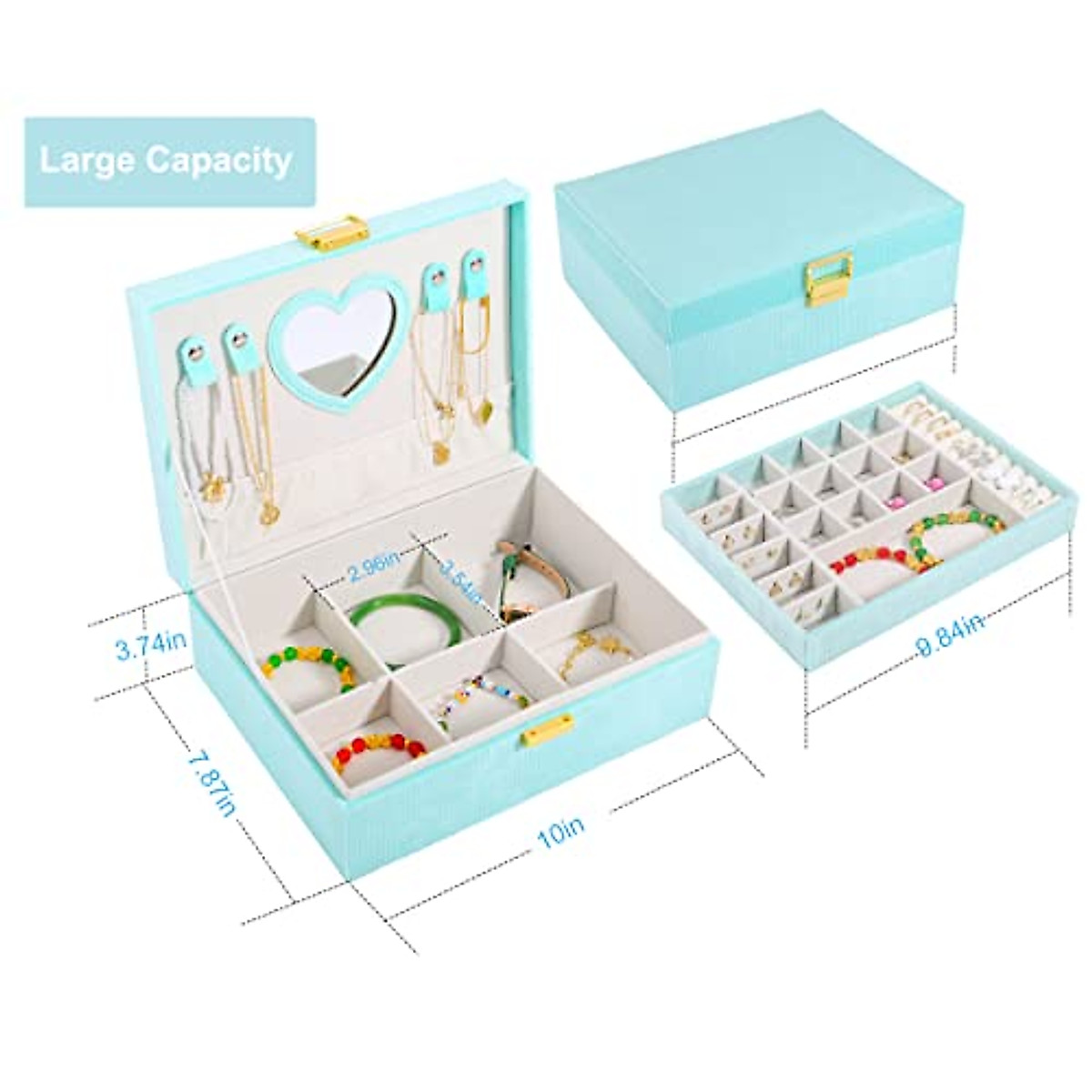 ProttyLife Jewelry Box Organizer for Women Jewelry Box for Girls Jewelry Box Ideal Gift 2-Layer Jewelry Organizer Box Large Jewelry Storage Boxes Earrings Box Case for Necklace Bracelets Storage