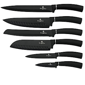 Berlinger Haus Kitchen Knife Set with Block, 7 Piece Knives Set for Kitchen, Elegant Design Cooking Knives with Kitchen Shears, Sharp Cutting Stainless Steel Chef Knife Set with Mobile Stand, Black