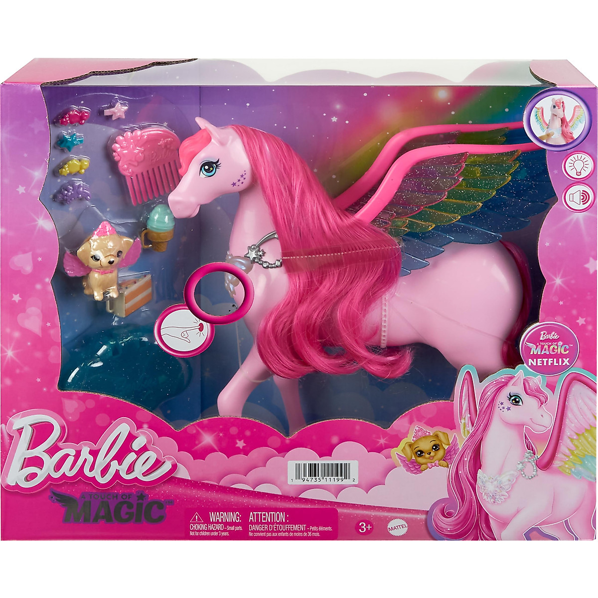 Barbie Doll Toys, Pegasus Pink Winged Horse Toy with 10 Accessories Including Puppy & Barrettes, Inspired A Touch of Magic