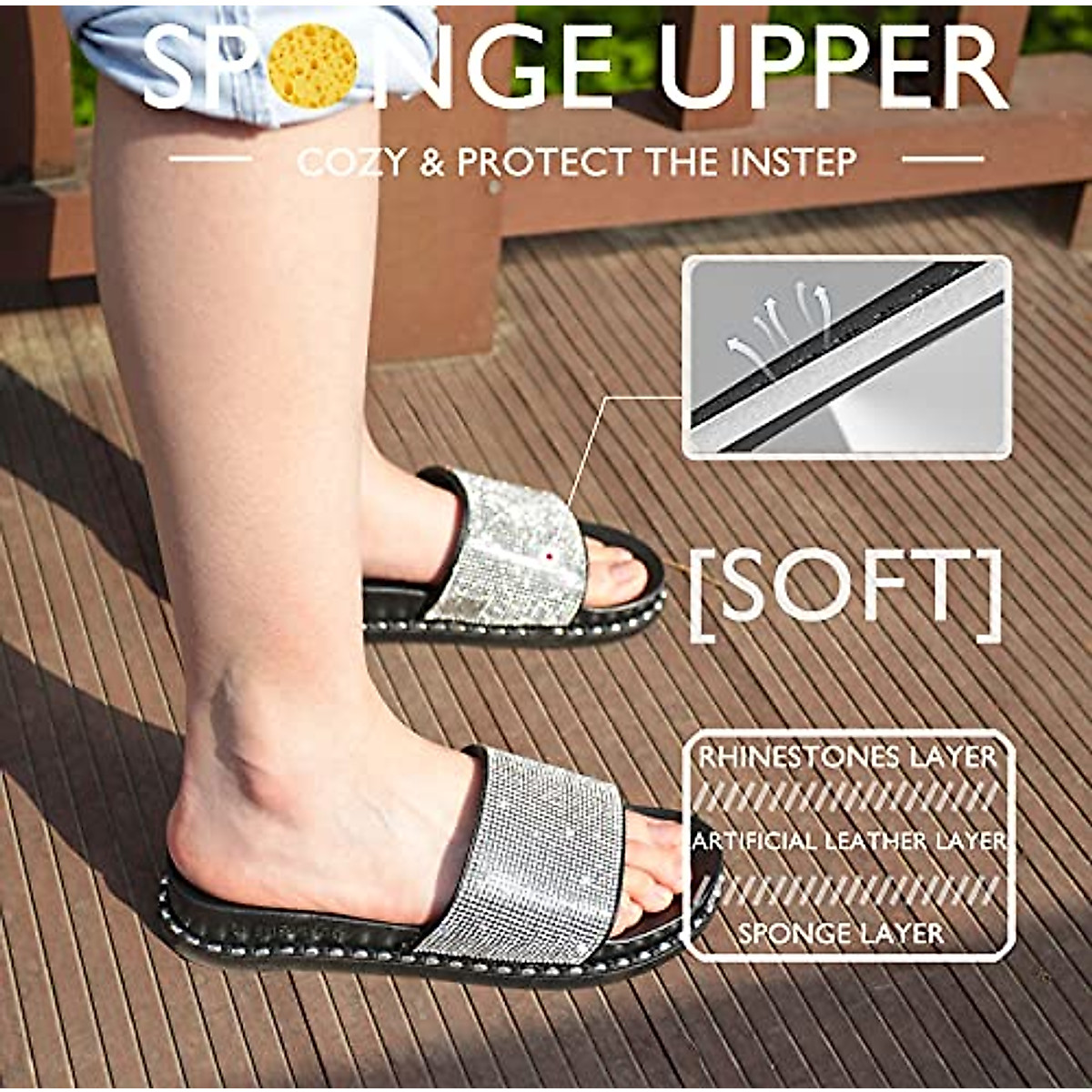 Fur Story Womens Slides House Slippers Rhinestone Glitter Slides Cozy Bedroom Slippers Shower Shoes Cute Slippers for Women Platform Sandals