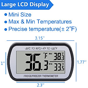 2 Pack Refrigerator Fridge Thermometer Digital Freezer Room Thermometer Waterproof Large LCD Display Max/Min Record Function-Black