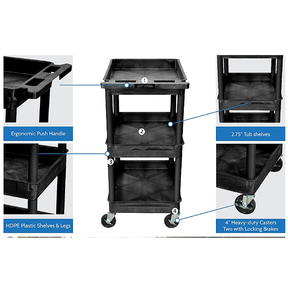 Offex 39.25" H Mobile Multipurpose Utility Tub Cart with 3 Shelves and Push Handle - Black, Great for Warehouse, Garage and More