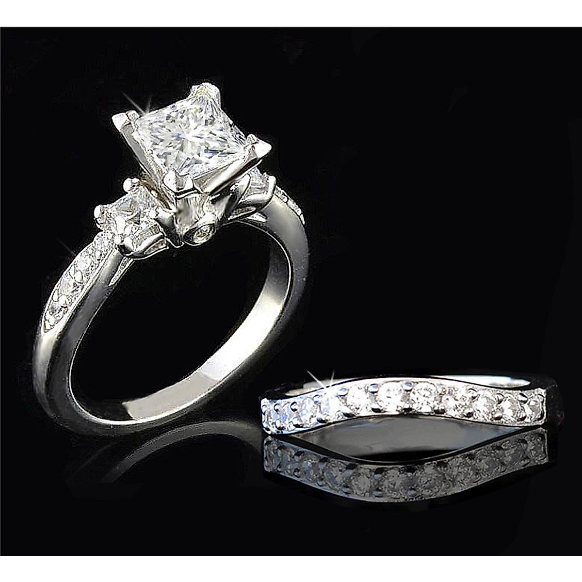 Venetia Top Grade Realistic Princess Cut Simulated Diamond 3-Stones Ring Curved Band 2 Pcs Set Platinum Plated 925 Silver Cubic Zirconia cz (7)