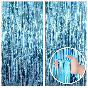 2 Pack Blue Backdrop Curtain Tinsel Streamers Ocean Themed Decor Birthday Party Decorations Foil Fringe Backdrop Graduation Baby Shower Bachelorette Winter Party Decorations Supplies