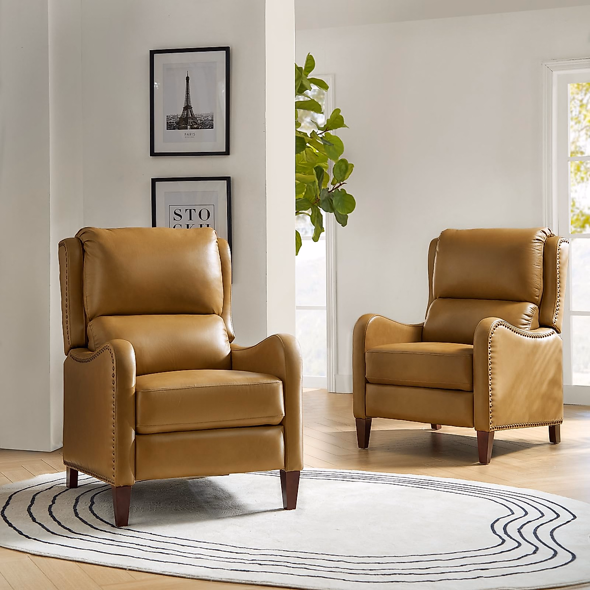 HULALA HOME Leather Recliner Chair Set of 2, Modern Push Back Recliner Armchair with Adjustable Backrest & Footrest,Comfy Upholstered Lazyboy Single Sofa for Home Theater Bedroom Living Room, Camel