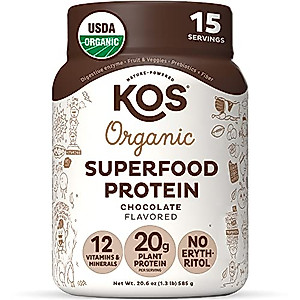 KOS Plant Based Protein Powder, Chocolate USDA Organic - Low Carb Pea Protein Blend, Vegan Superfood with Vitamins & Minerals - Keto, Soy, Dairy Free - Meal Replacement for Women & Men - 15 Servings