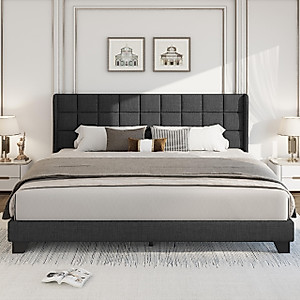 WEEWAY King Size Wingback Upholstered Platform Bed Frame with Box-tufted Stitched Headboard and Wooden Slats/No Box Spring Needed/Easy Assembly, Dark Grey