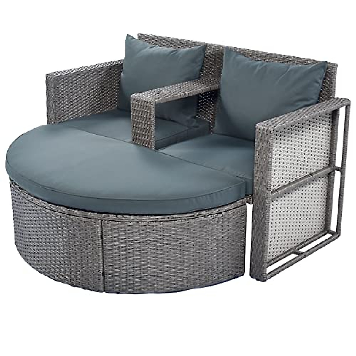 HHOK 2-Piece All-Weather PE Wicker Conversation Sofa, Outdoor Patio Half-Moon Sectional Furniture Set w/Side Table for Umbrella, Suitable for Poolside, Backyard Porch, Rattan+Gray Cushion