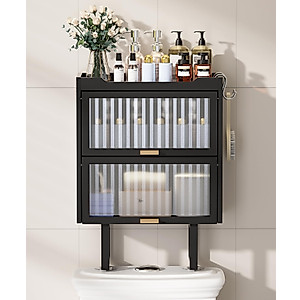 Cozivolife Over The Toilet Storage Cabinet,Bamboo Bathroom Organizer Rack with Lid and 2 Hooks,Space Saver Shelf for Bathroom,No Drilling Design Wall Mounted (Black, L)