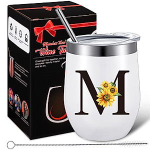 Zopeal Funny Personalized Coffee Mug Cup with Initials, Monogrammed Gift for Girls Women Mom Teacher Birthday Christmas Wedding, 12 oz Stainless Steel Wine Tumbler with Brush Straw Gift Box (M)