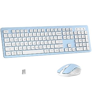 MPTOG Wireless Keyboard and Mouse Combo, Full-Size 104-Key Office Keyboard with 15 Function Keys, Numeric Keypad, Single USB Receiver, Compatible with PC and Laptop(Blue White)