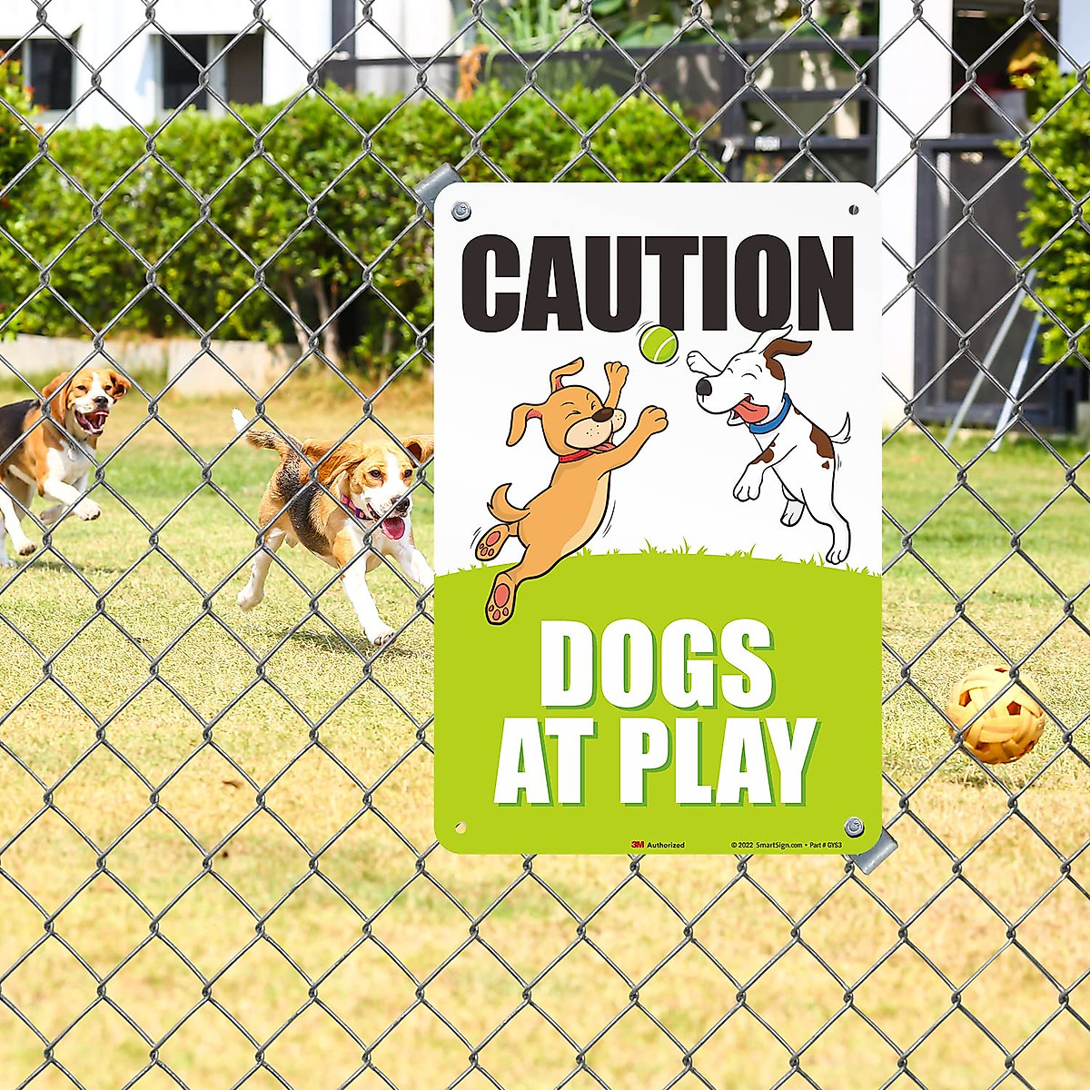SmartSign 18 x 12 inch “Caution - Dogs at Play” Metal Sign, 63 mil Aluminum, 3M Laminated Engineer Grade Reflective, Multicolor, Made in USA