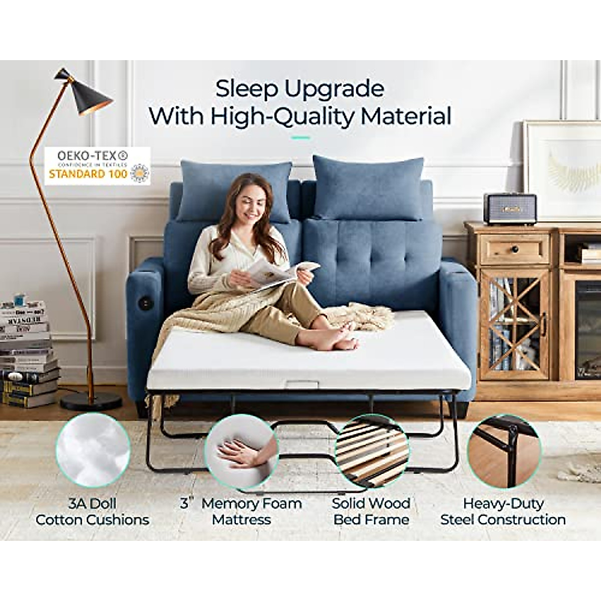 LINSY HOME Pull Out Sofa Bed, 2-in-1 Convertible Sleeper Couch with Memory Foam Mattress, Two Seat Loveseat Sleeper Sofa Bed for Living Room, Blue, Full Size