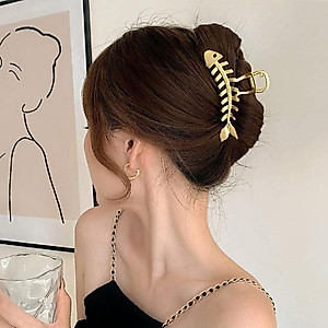 Gold Hair Jaw Claw Clips Fish Bone Shape 1PCS Large Metal Gold Fashion Nonslip Hairpin Catch Clip Accessories for Thick/Thin Hair HairStyling