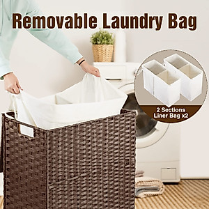 Greenstell Laundry Hamper with Wheels, No Install Needed, 110L Divided Handwoven Hampers & 2 Removable Liner Bags, Rattan Clothes Laundry Basket with Lid & Handles, Foldable Hampers Brown 22x13x26.4In