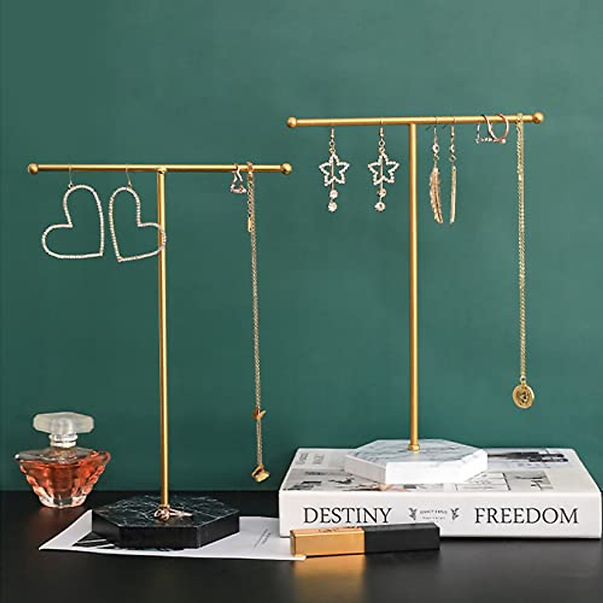 Jewelry Stand Display Necklace Holder T-Bar Plated Metal Tabletop Jewelry Organizer Tower for Show Jewelry Hanging Pendant Earring Bracelet Ring Accessorie with White Marble Plywood Bases.