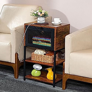 LEBOAHOUS Nightstand with Charging Station and USB Port, 3 Tier Industrial Night Stand, Bedside Table with Flip Storage Drawer and Open Shelf, End Side Table for Bedroom, Office, Dorm 26.2''H (Brown)