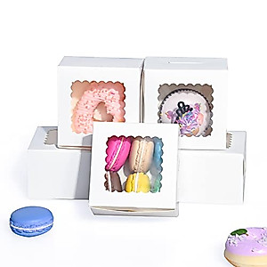 TEAMAX Cookie Boxes 30pcs 4x4x2.5 Inches White Cookie Boxes with Window, Bakery Boxes, Cupcake Boxes,Cake Boxes,Treat Boxes，Dessert Boxes，Mini Cake Boxes,For Birthday Party, Wedding, Valentine's Day