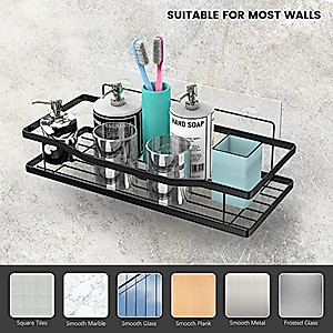 PUKOKAL Shower Caddy 4 Pack Shelf with Hooks Storage Rack Organizer, Stainless Steel Adhesive Caddy Shelves No Drilling with Toothbrush Holder Holder Soap for Bathroom, Restroom, Kitchen (Matte Black)