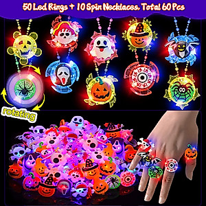 AMENON 60 Pcs Halloween Party Favors for Kids, 10 Styles Rotating Light Up Necklaces & 50 LED Flash Rings Halloween Toys Gifts Ghost Glow in The Dark Party Supplies Halloween Treat Goodie Bag Fillers