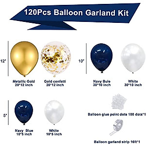 Navy Blue Gold Balloons Garland Arch Kit - 120 Pcs Navy Blue and Metallic Gold Confetti White Latex Balloons for Party Wedding Birthday Special Events Party Graduation Decoration