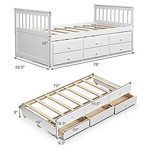 DORTALA Trundle Bed Twin Size, Wooden Daybed w/Trundle and 3 Storage Drawers, No Box Spring Required, Modern Captains Bed for Boys Girls Adults, Great for Bedroom, Guest Room (White, Twin)