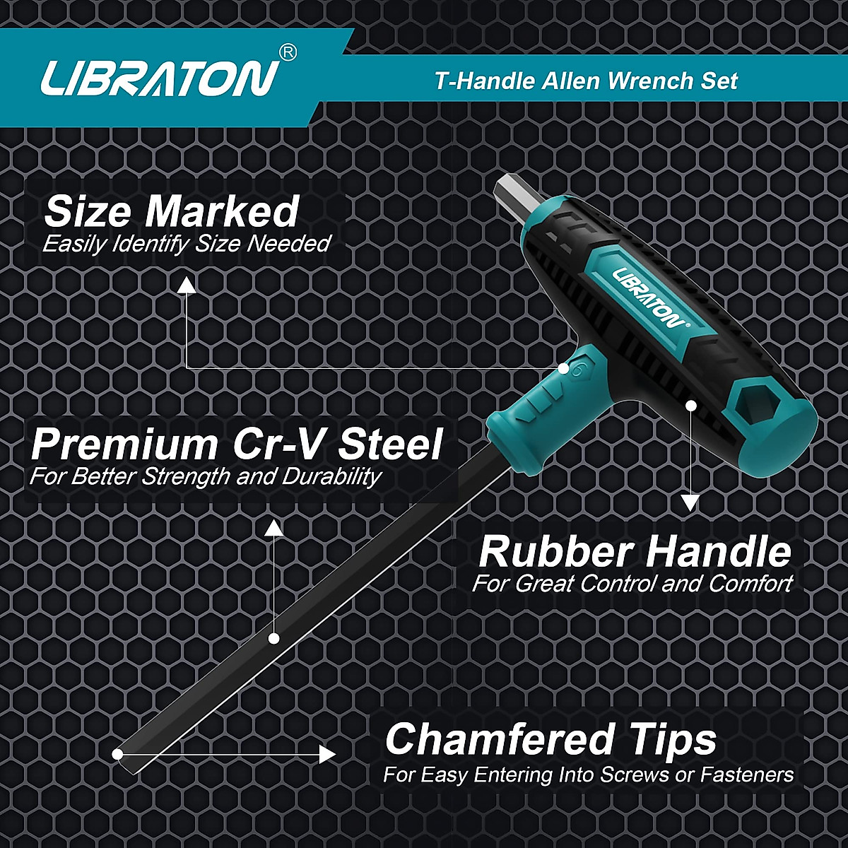 LIBRATON T Handle Allen Wrench Set, T-Handle Hex Key Set, Two-End and Chamfered Tips Design, Metric 2.5mm-10mm, Auto Bike Repair Tool, 7-Pieces with Storage Box