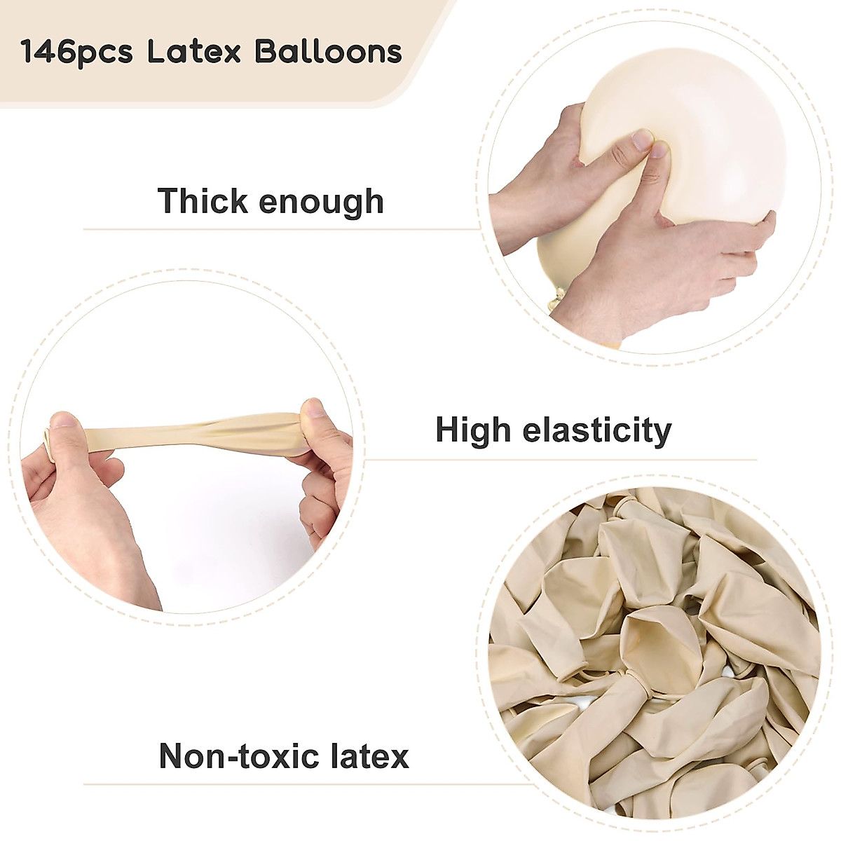 RUBFAC Sand White Balloons, 146pcs Different Sizes Pack of 18 12 10 5 Inch for Beige Balloon Garland Arch as Graduation Wedding Birthday Baby Shower Anniversary Party Decorations