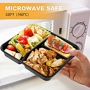 50 PACK, 32 oz. Meal Prep 3 Compartment Containers, Extra Large & Thick Food Storage Containers with Lids - BPA Free Stackable Microwavable & Dishwasher Safe, Travel, To Go, Bento Box, Black