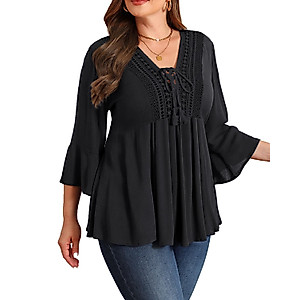 Pinup Fashion Plus Size Tunic Tops Black Women Bell 2/4 Sleeve Fall Dressy Casual Lace-Up V Neck Empire Waist Tassel Peplum Top 2X