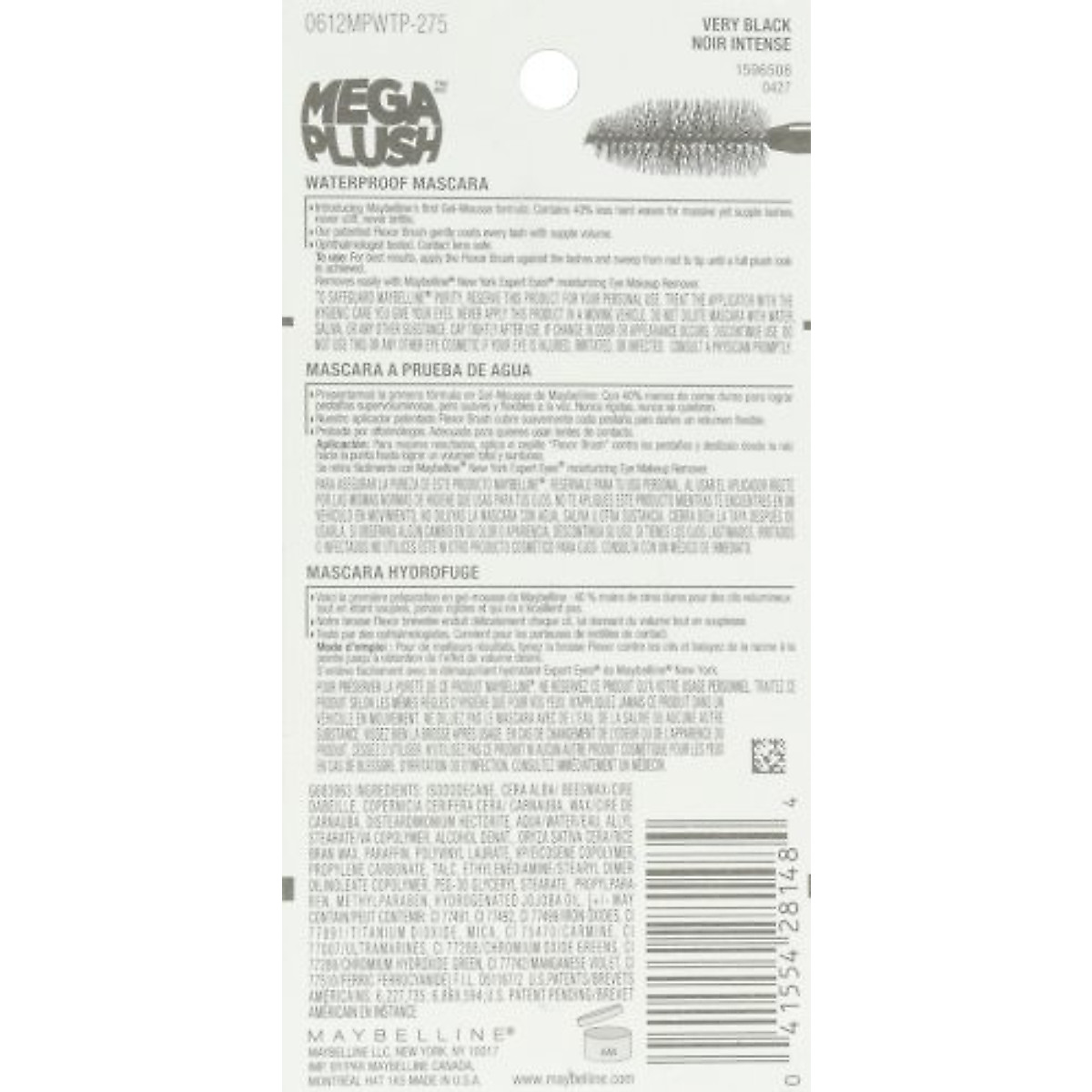 Maybelline New York Volume Express Mega Plush Waterproof Mascara, Very Black, 0.3 Fluid Ounce, (I0099016)