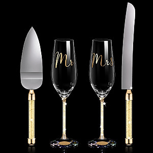 Boao 4 Piece Wedding Toasting Flutes and Cake Server Set Wedding Reception Supplies Champagne Glasses Cake Knife Pie Server (Gold Diamond, Simple)