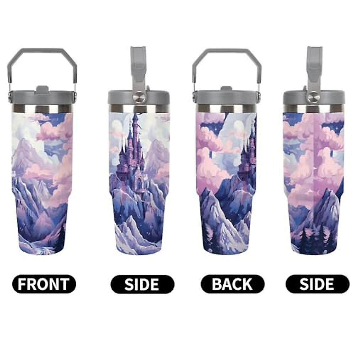 YTLKGFP 30 Oz Large Capacity Car Cup Clouds over The Castle Tumbler with Handle Straw Lid Insulated Stainless Steel Water Bottle Travel Mug Leak-proof Car Cup Keeps Cold Or Hot