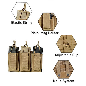 Molle Mag Pouch Open Top Triple Magazine Pouch Holder for M4 M16 AK AR Glock M1911 92F 9mm Kangaroo Rifle Magazines and Pistol Mag Pouch (Triple-Tan)