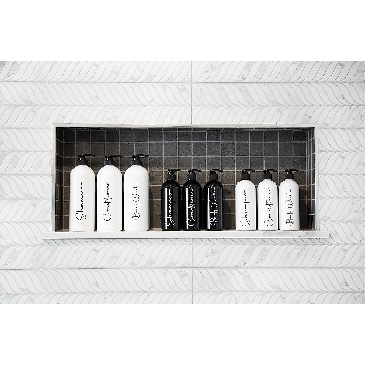 Alora 32oz Reusable Shampoo and Conditioner Bottles - Set of 3 - Easy to Read Labels - Pump Bottle Dispenser for Shampoo, Conditioner, Body Wash - Empty Plastic Refillable Containers for Shower