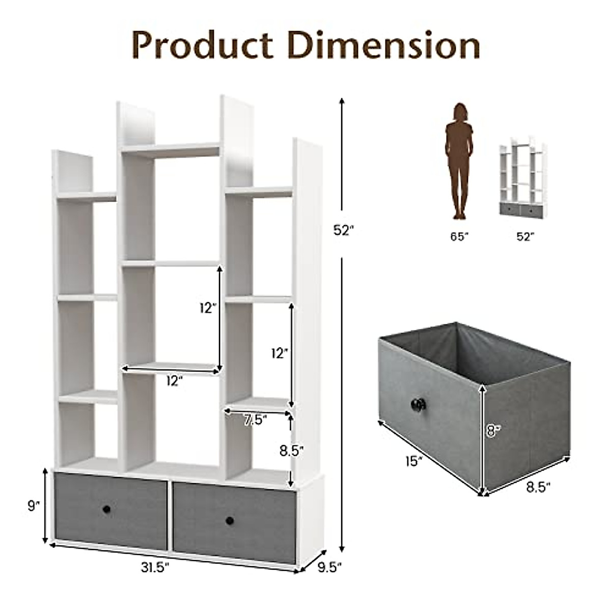 Tangkula Bookshelf with 2 Drawers, Tree-Shaped Bookcase with 12 Open Storage Shelves, Freestanding Industrial Wood Display Cube Shelf, Home Office Books Organizer, 31.5 x 9.5 x 52 Inches