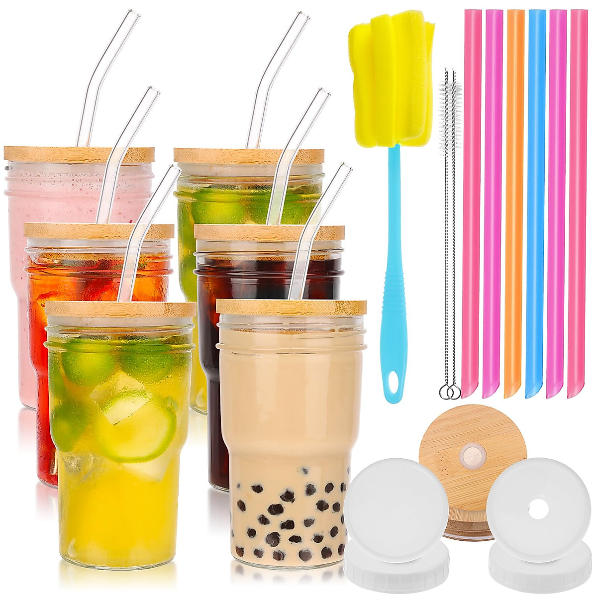 Moretoes 6pcs 16oz Glass Cups with Lids and Straws, Glass Iced Coffee Cups Cute Travel Tumbler Cups, Drinking Jars Set Reusable Boba Bottle for Jumbo Smoothie, Cold Brew, Soda, Juice