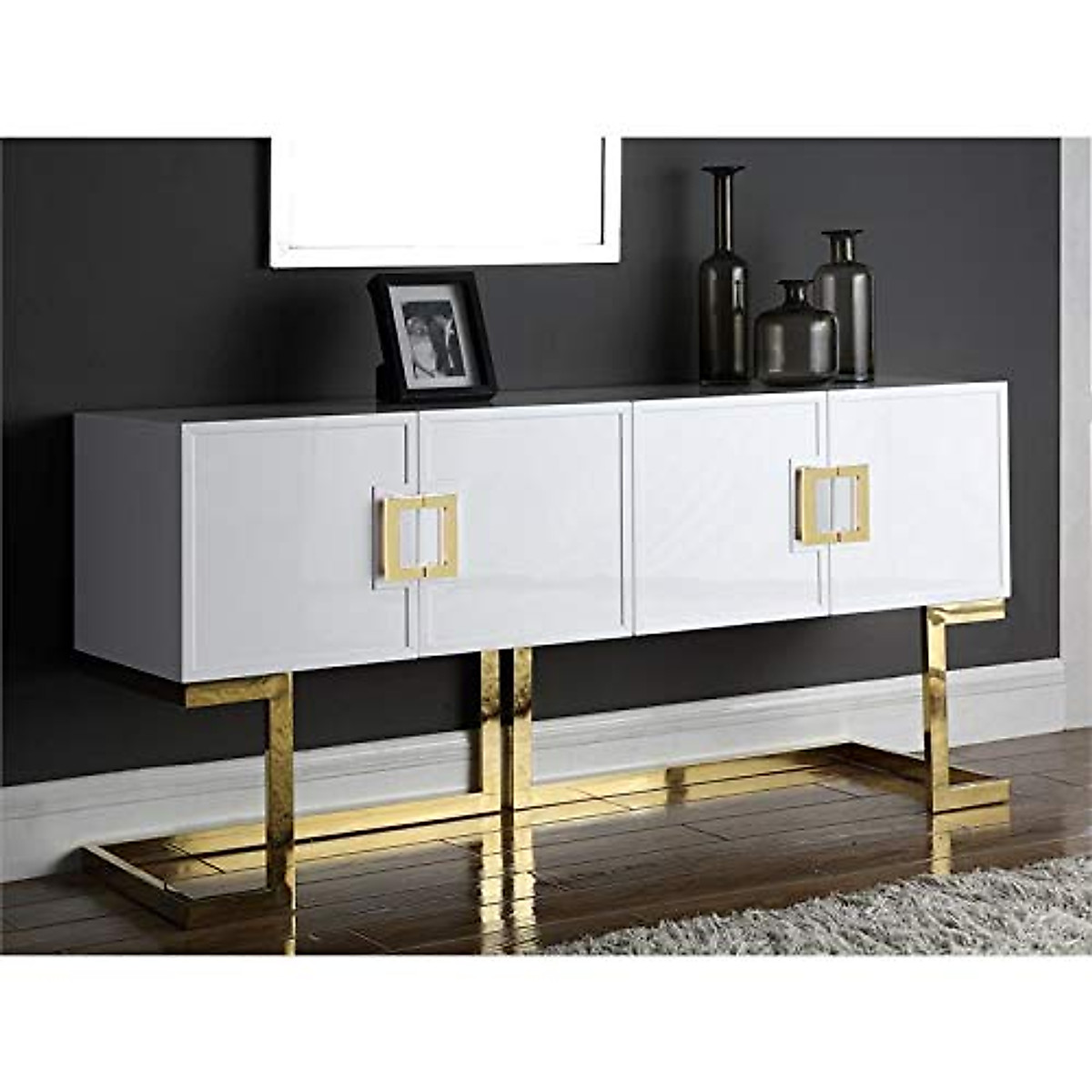 Meridian Furniture Beth Collection Modern | Contemporary Sideboard Buffet, Rich Gold Stainless Steel Base, White Laquer Finish, 64" W x 18" D x 31" H, Cabinet